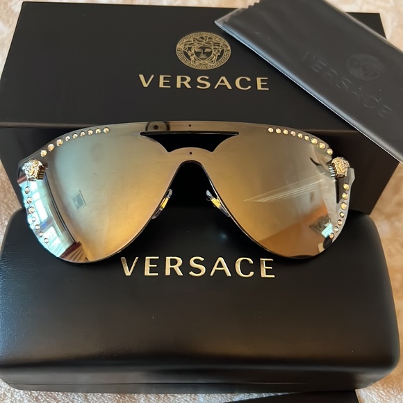 Versace | Accessories | Gold Mirror Versace Medusa 6mm Crystal Shield Sunglasses | Poshmark